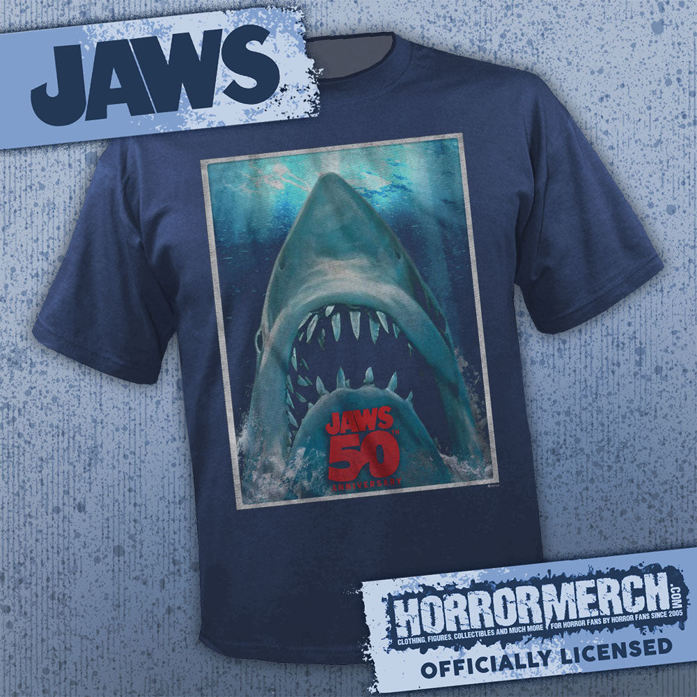 Jaws - 50th Anniversary Poster (Navy) [Mens Shirt] – Horrormerch.com